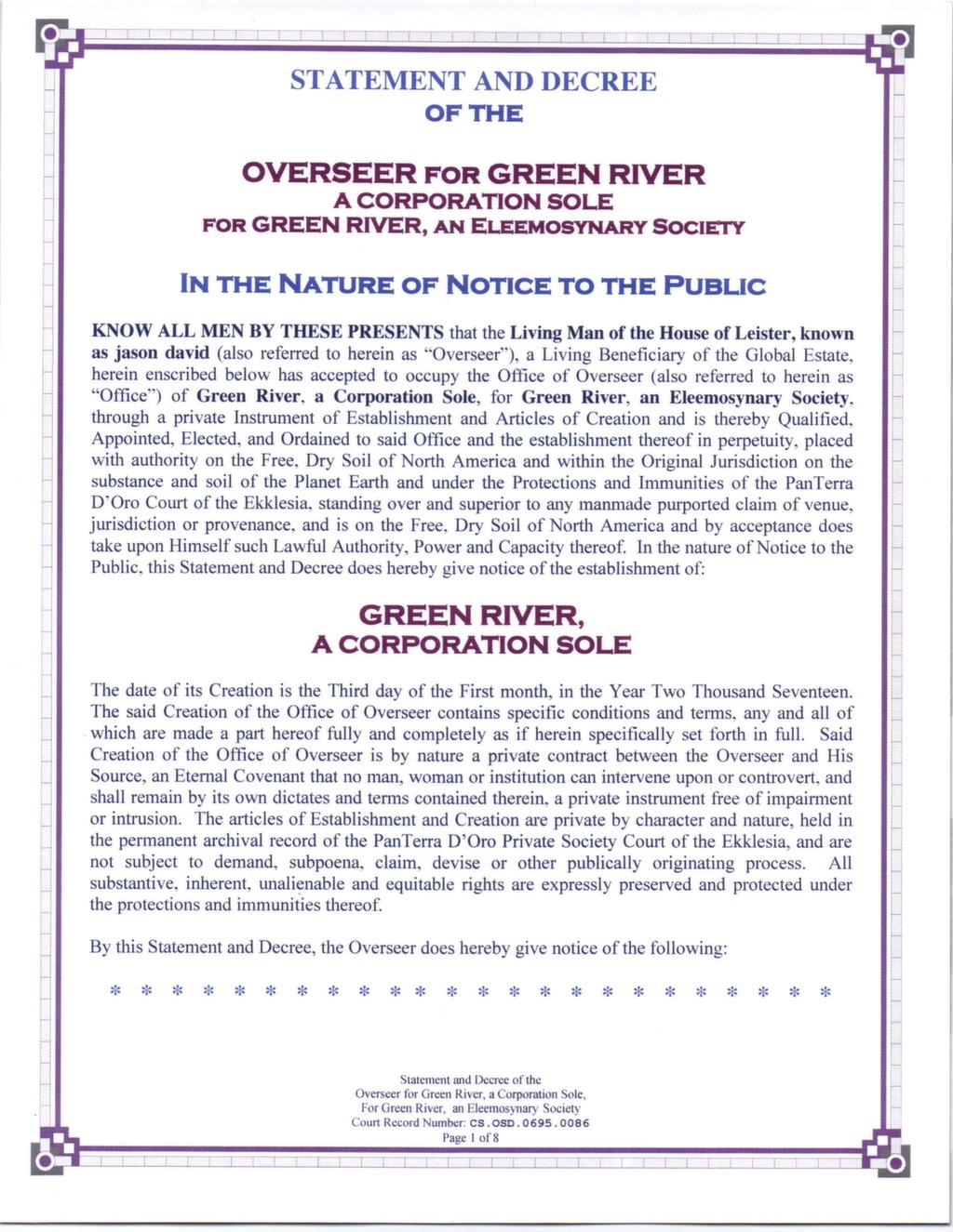 Declaration and Affidavit of Overseer